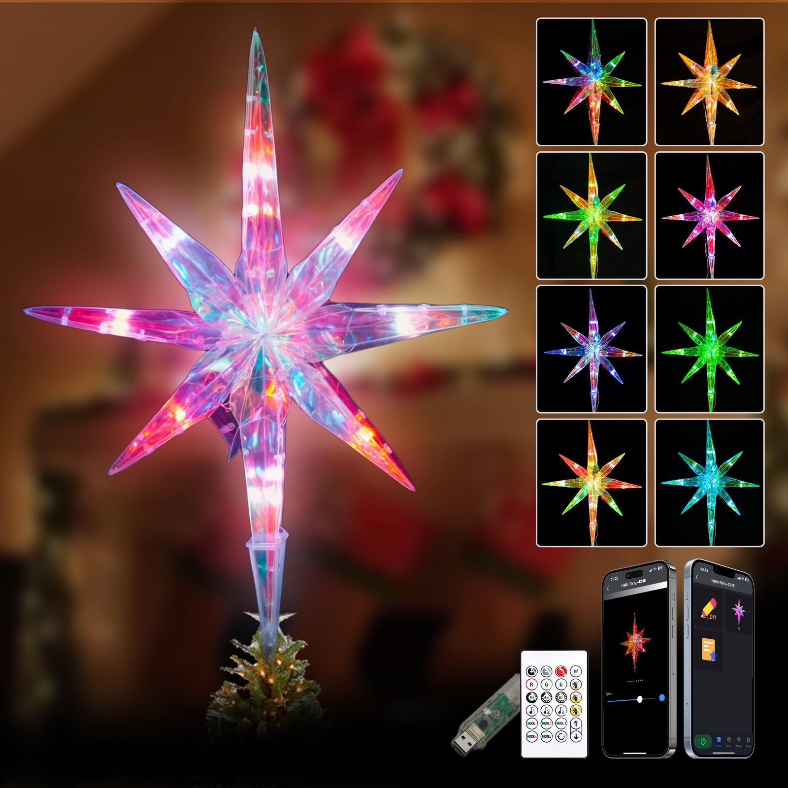 Amazon.com: Smart Christmas Tree Topper, Iridescent Octagram Star with ...