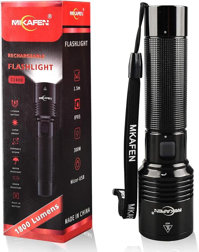 MIKAFEN C1800 LED Taschenlampe USB Aufladbar Zoombar (Eingebauter 18650 ...