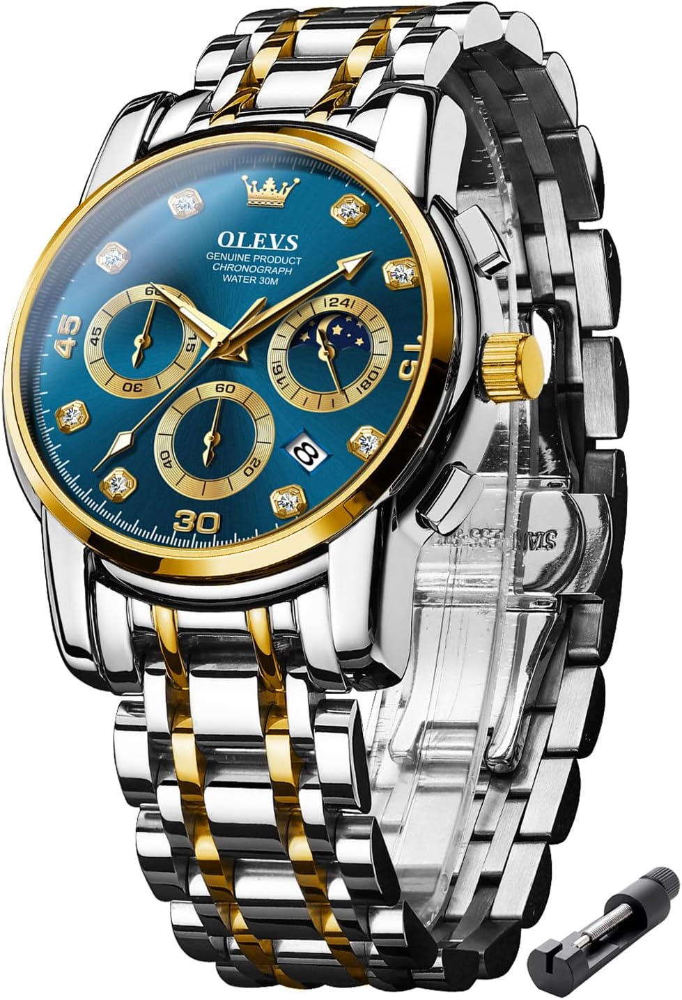 Amazon | OLVES 腕時計 メンズ ビジネス うで時計 クォーツ クロノグラフ ムーンフェイズ サファイアガラス ステンレス鋼バンド 夜光 防水 プレゼント 青 watch for ...