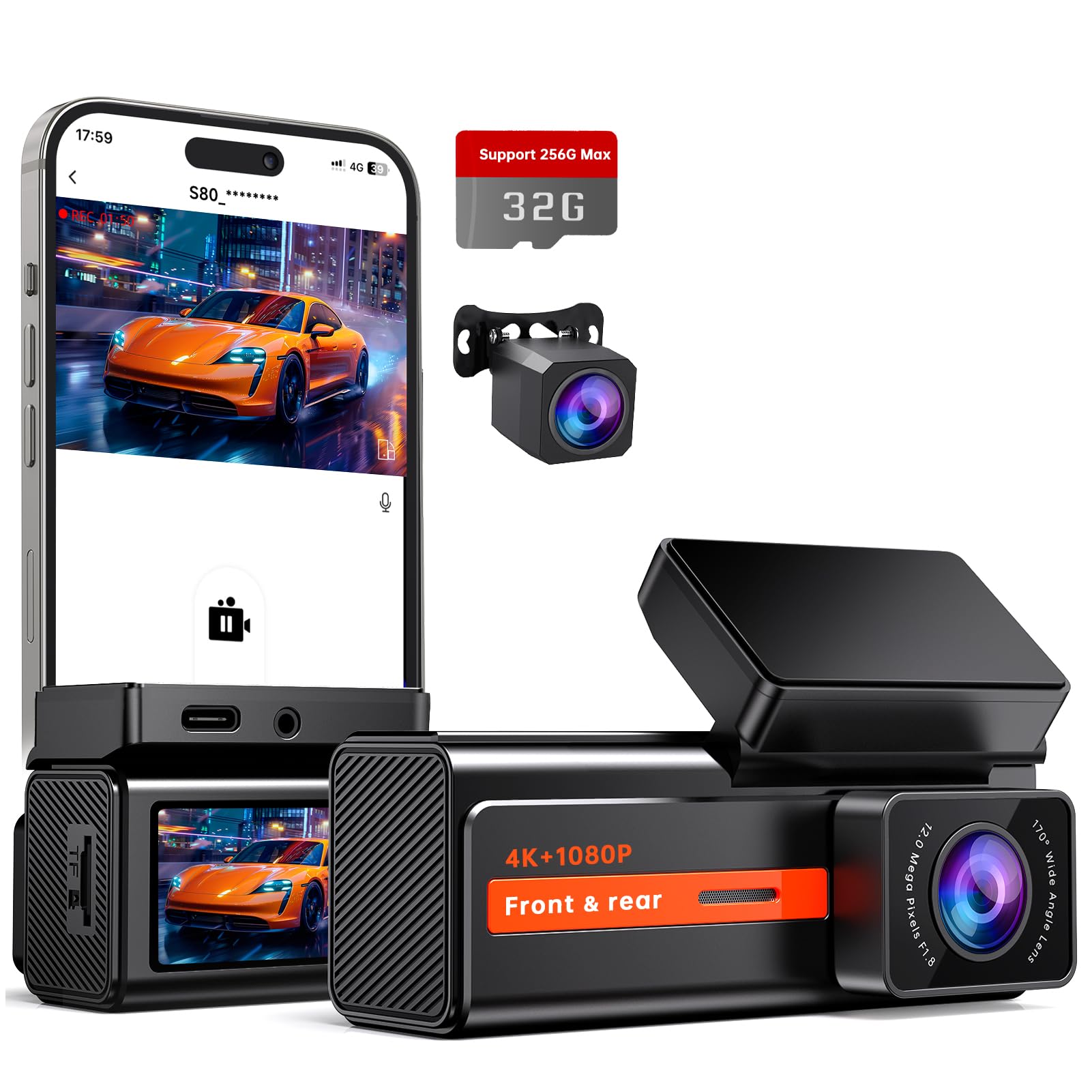 Dash Cam Front and Rear, 4k+1080P Dual Dash Camera for Cars, Veement ...