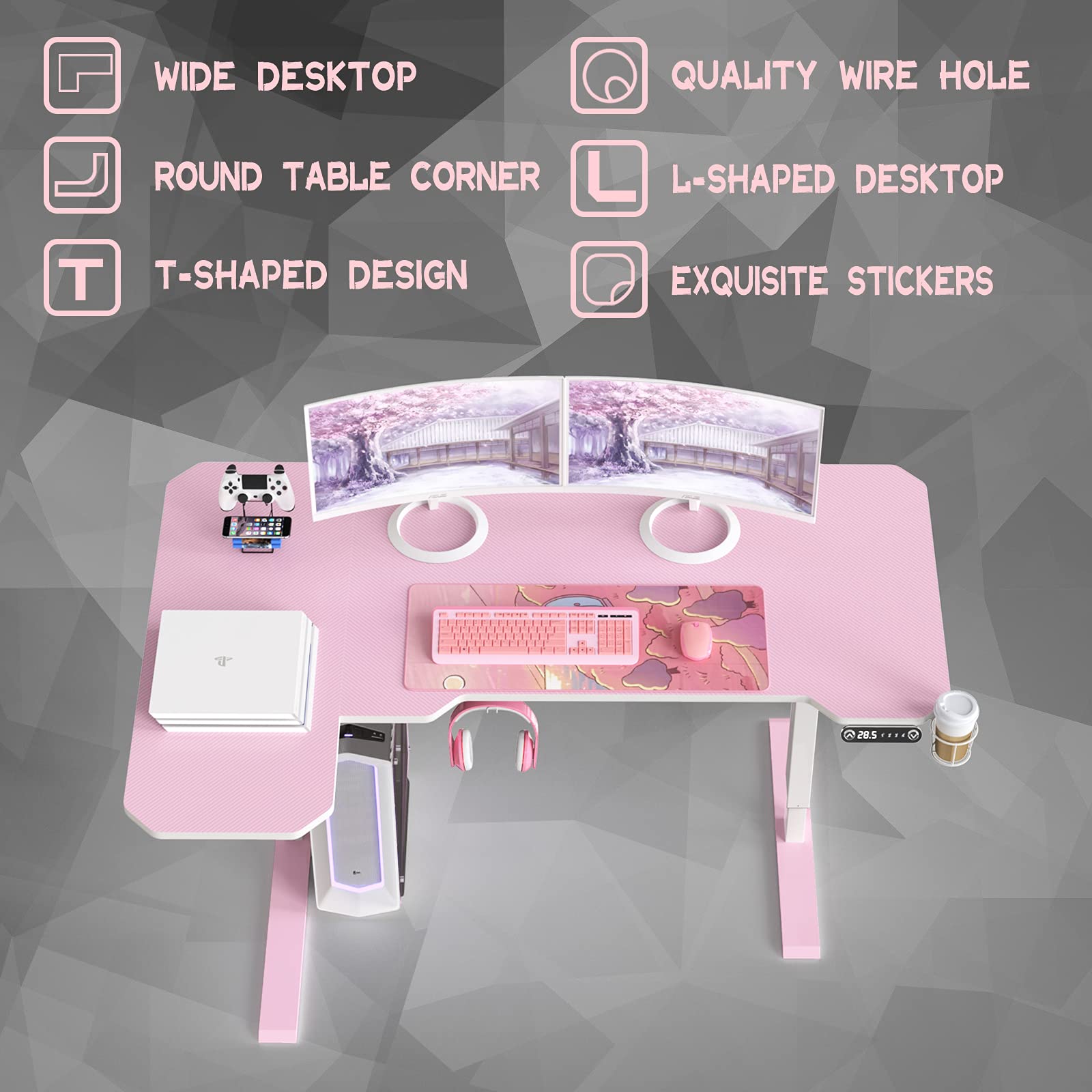 Charavector Pink Ergonomic Gaming Electric Standing Desk 63 Electric ...