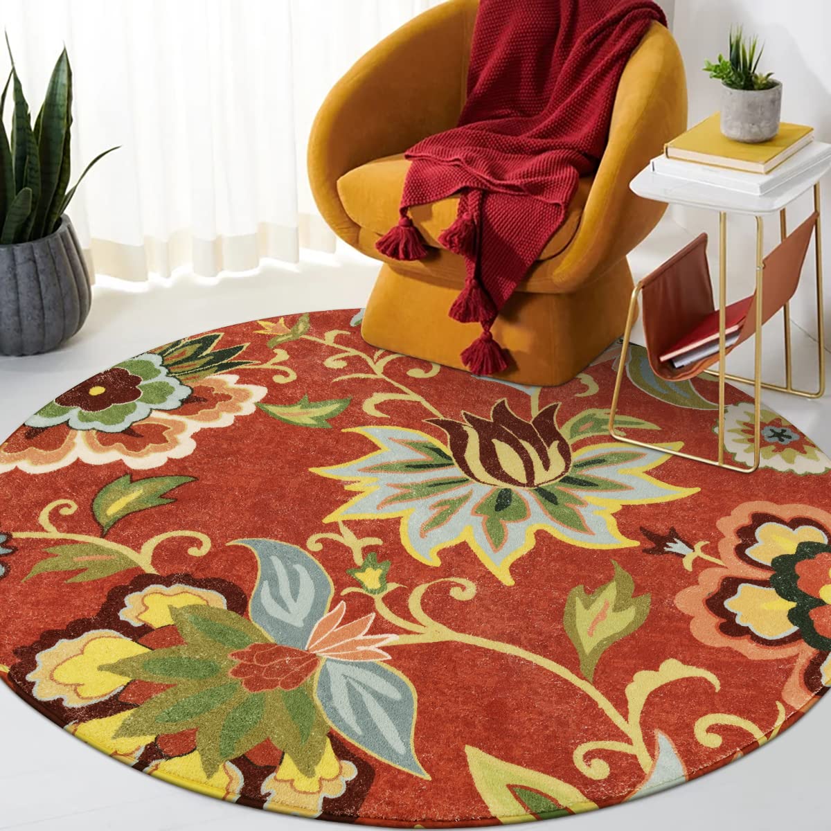Amazon.com: Lahome Red Floral Round Rug - 3 ft Washable Round Area Rugs ...