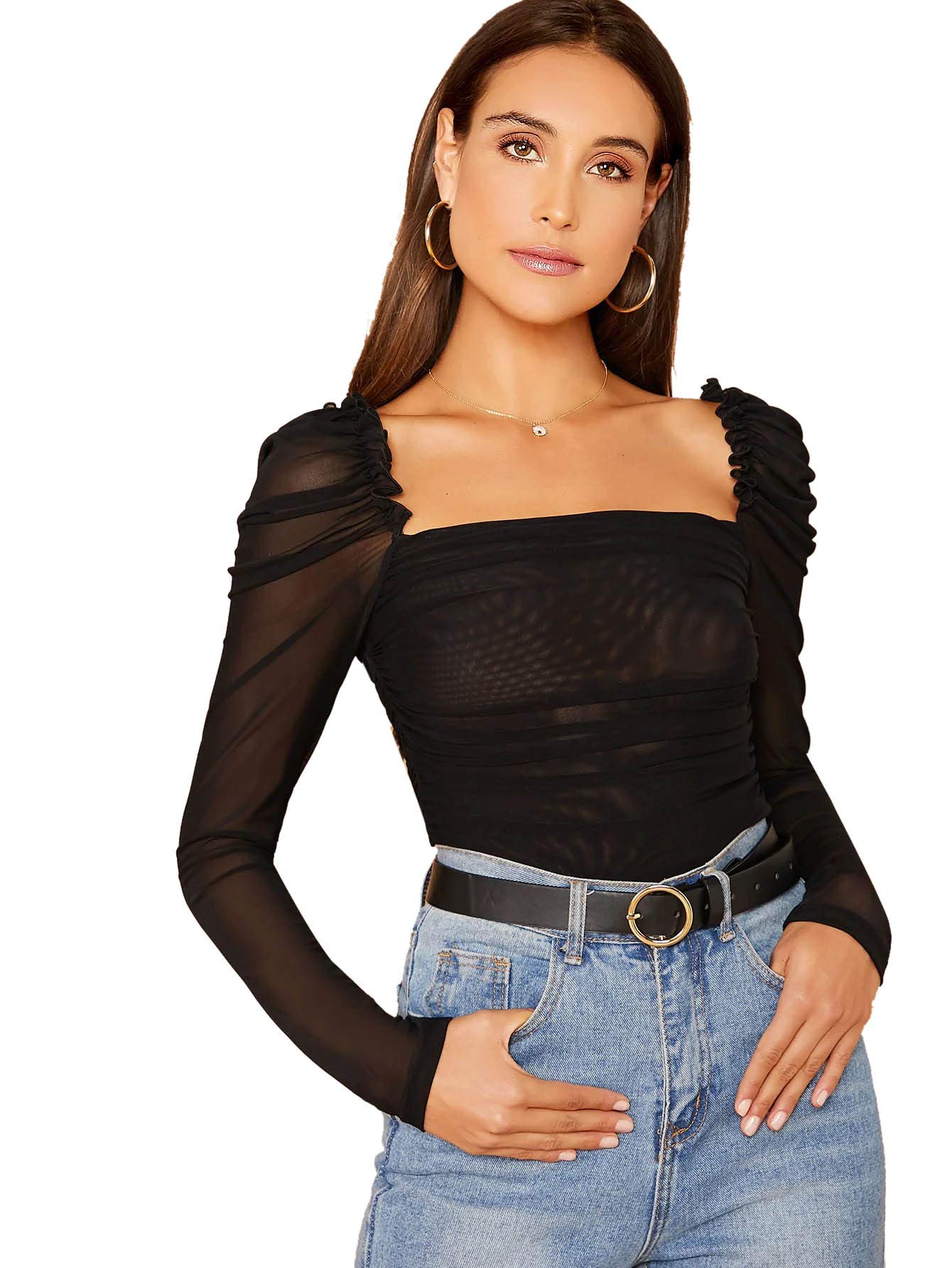 Floerns Women's Mesh Sheer Ruched Tops Square Neck Puff Long Sleeve T ...