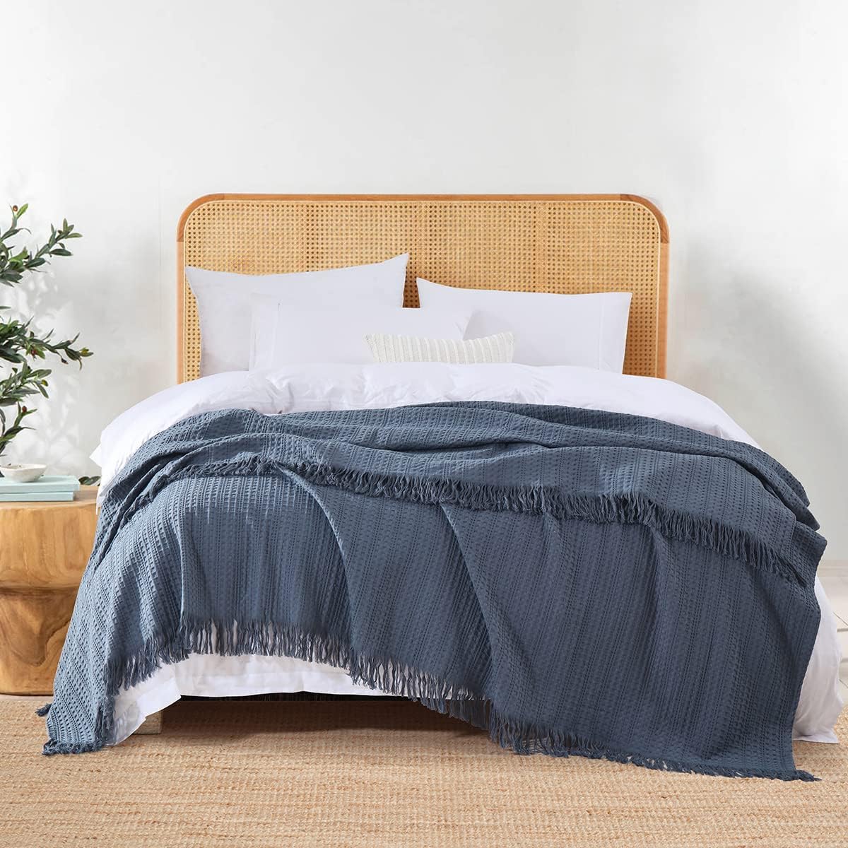 Amazon.com: 100% Cotton Waffle Queen Blanket with Fringe 90"x90", Pre ...