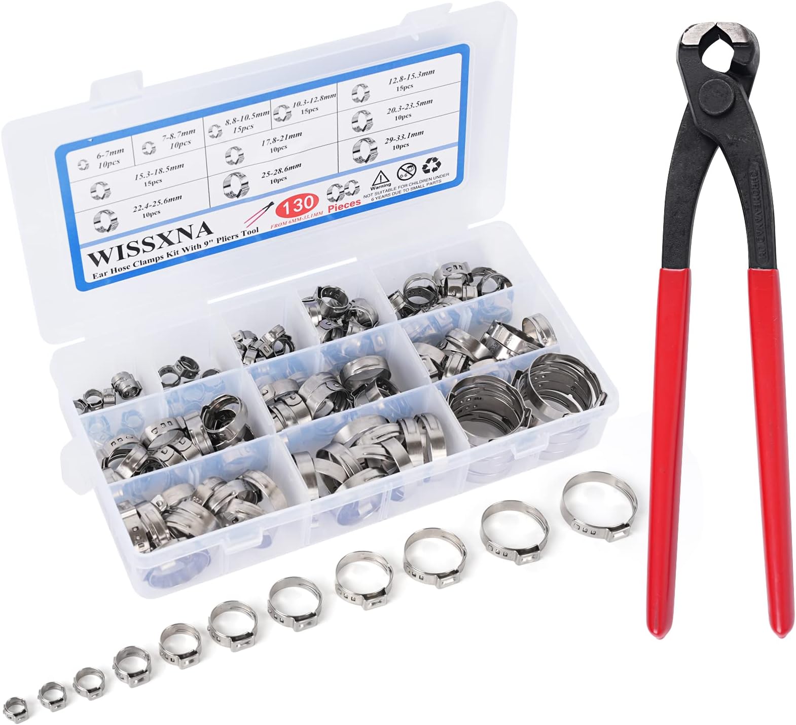Single Ear Hose Clamps - 115 pcs, 10 Sizes, 304 Stainless Steel ...