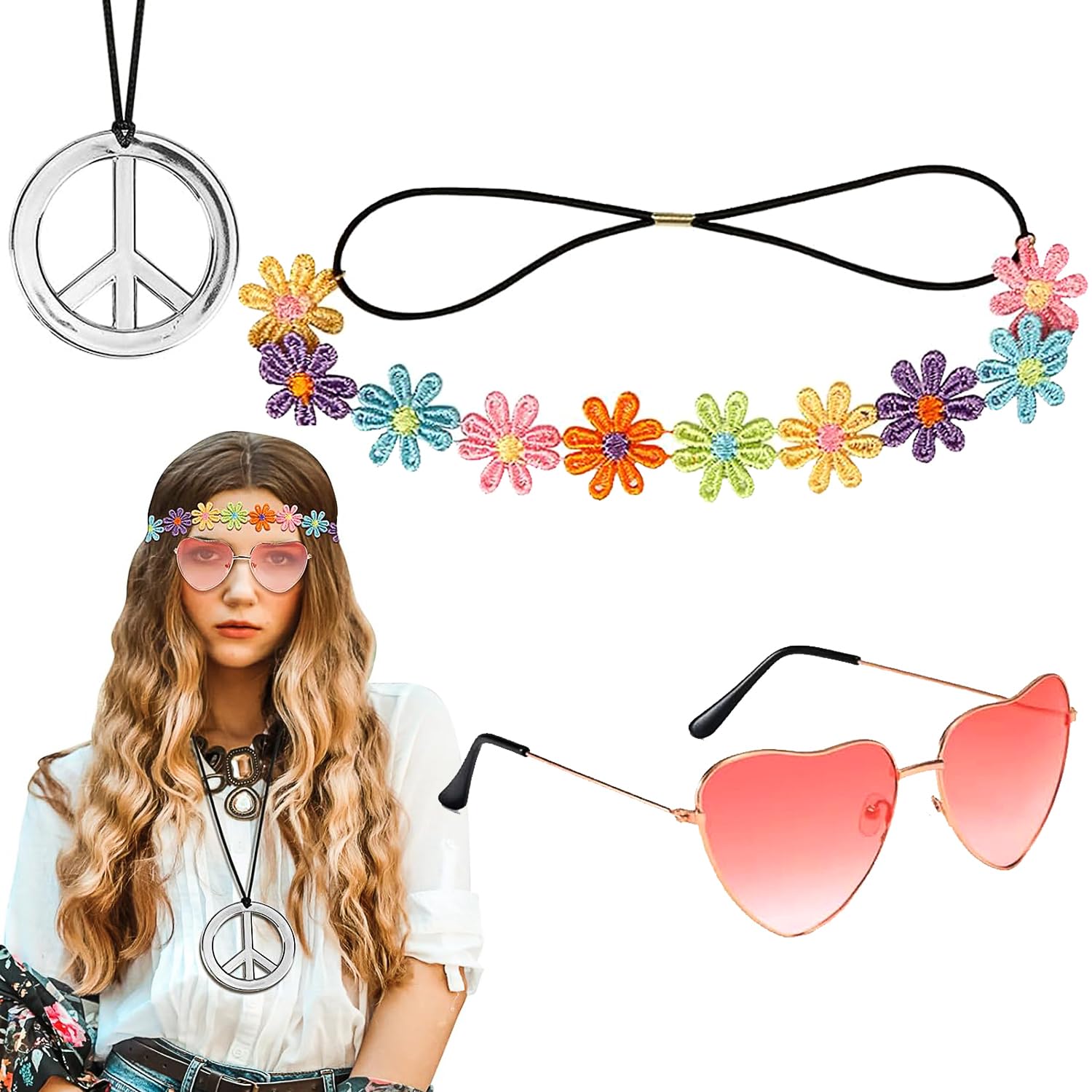 Ensemble de Costume Hippie,3 Pièces Deguisement Hippie Femme ...
