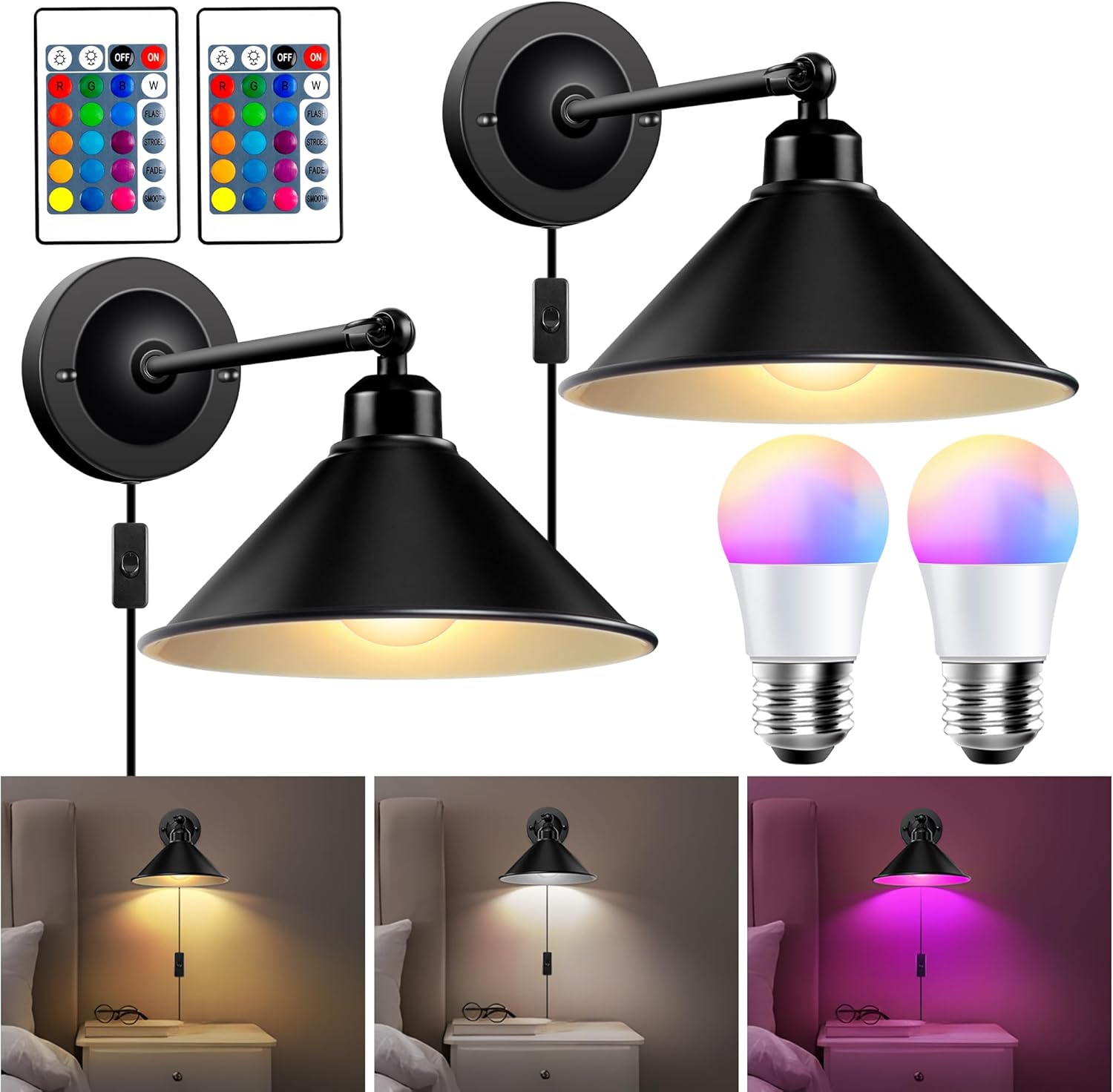 Rodalims Plug in Wall Sconces Wall Lights Set of 2 with Dimmable Led ...