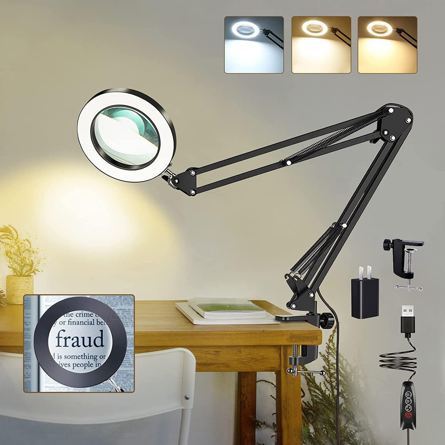 LudoPam Magnifying Glass with Light and Stand, 5X Glass Lens 8-Diopter ...