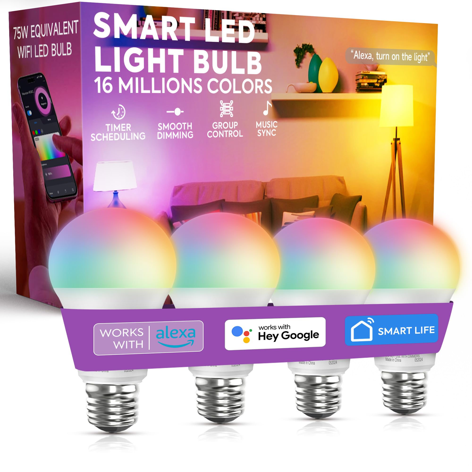Nouscan Smart Light Bulbs, Color Changing Light Bulb, A19 Dimmable 75W ...