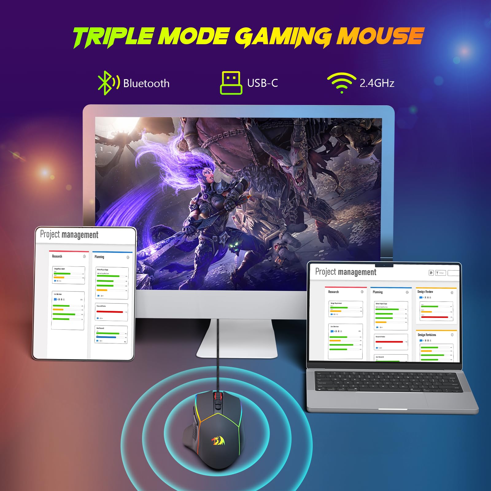 Snapklik.com : Wireless Gaming Mouse, Tri-Mode 2.4G/USB-C/Bluetooth ...