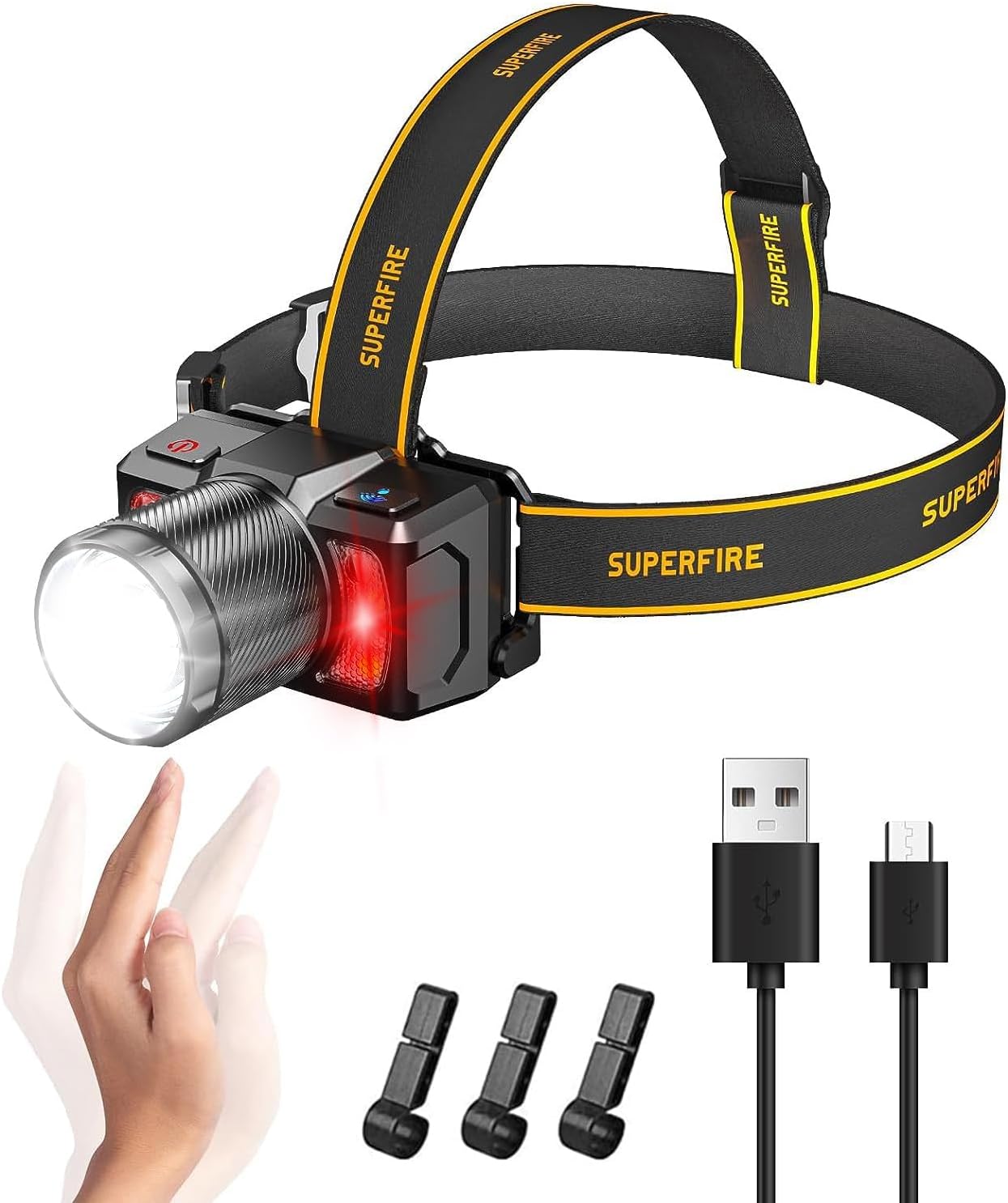 SuperFire Head Torch Rechargeable,2000 Lumens Super Bright, 210m ...