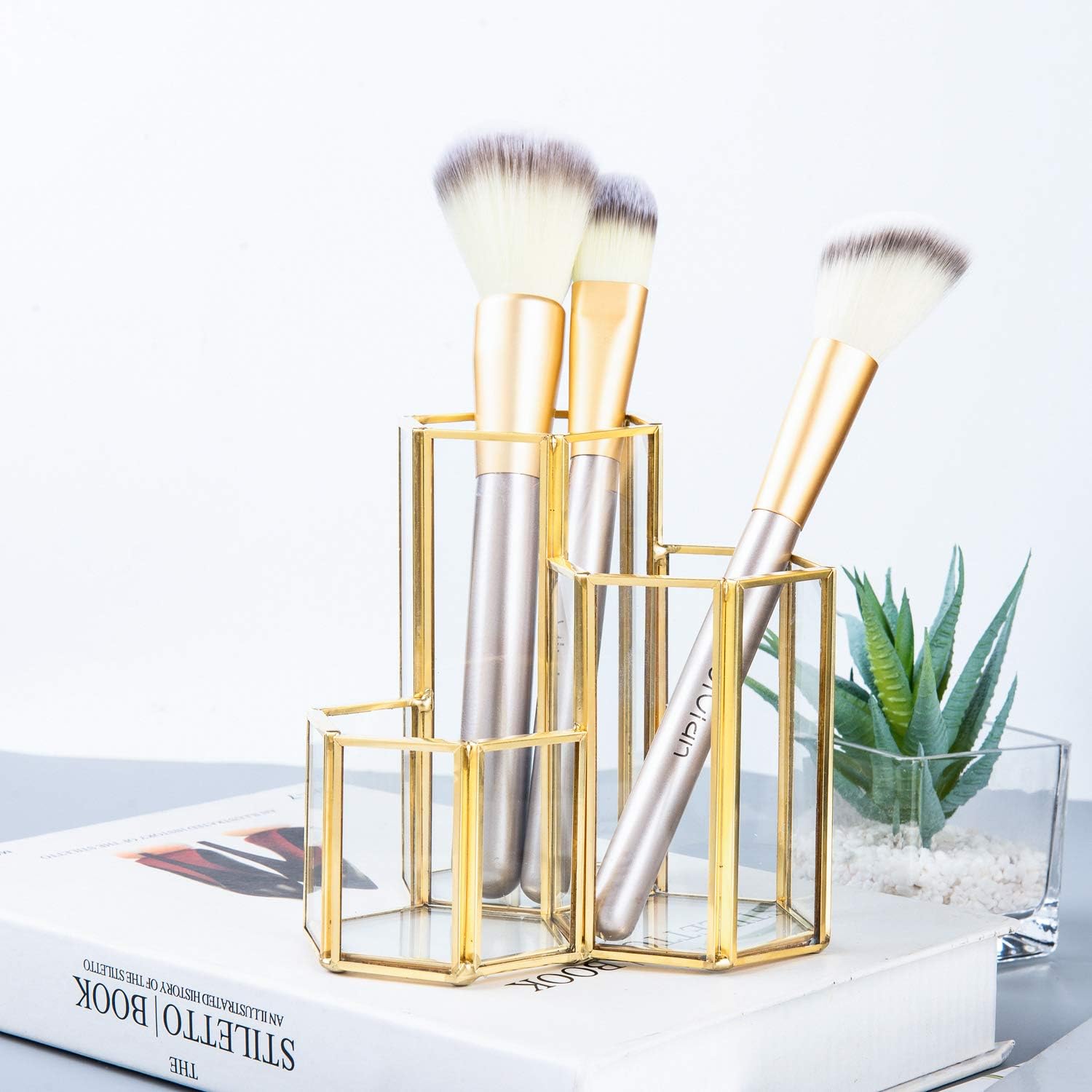Amazon.com: Feyarl Gold Glass Makeup Brush Holder 3 Slot Glass ...