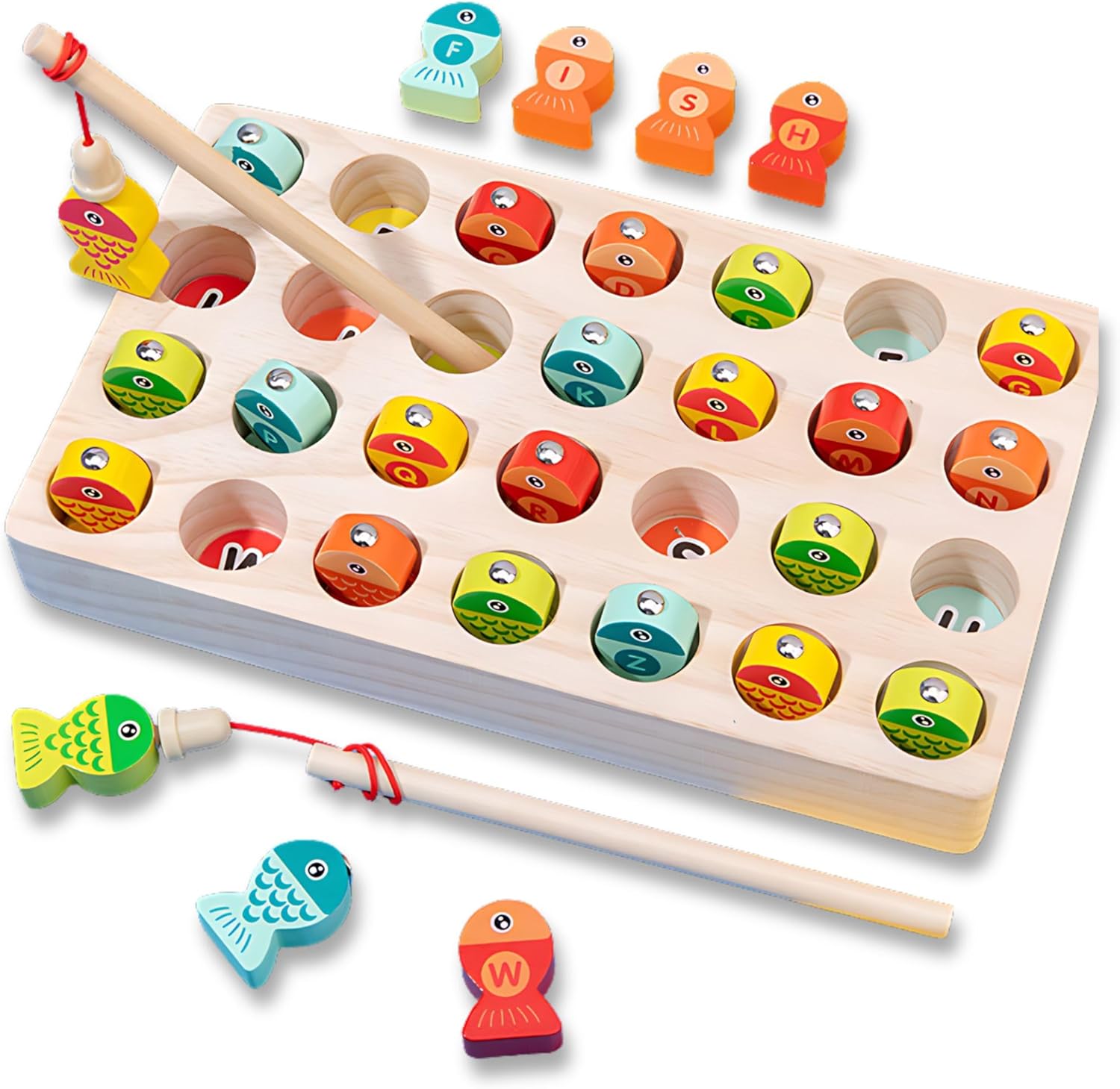 Amazon.com: Haktoys Wooden Magnetic Fishing Game Set with Sticker Book ...
