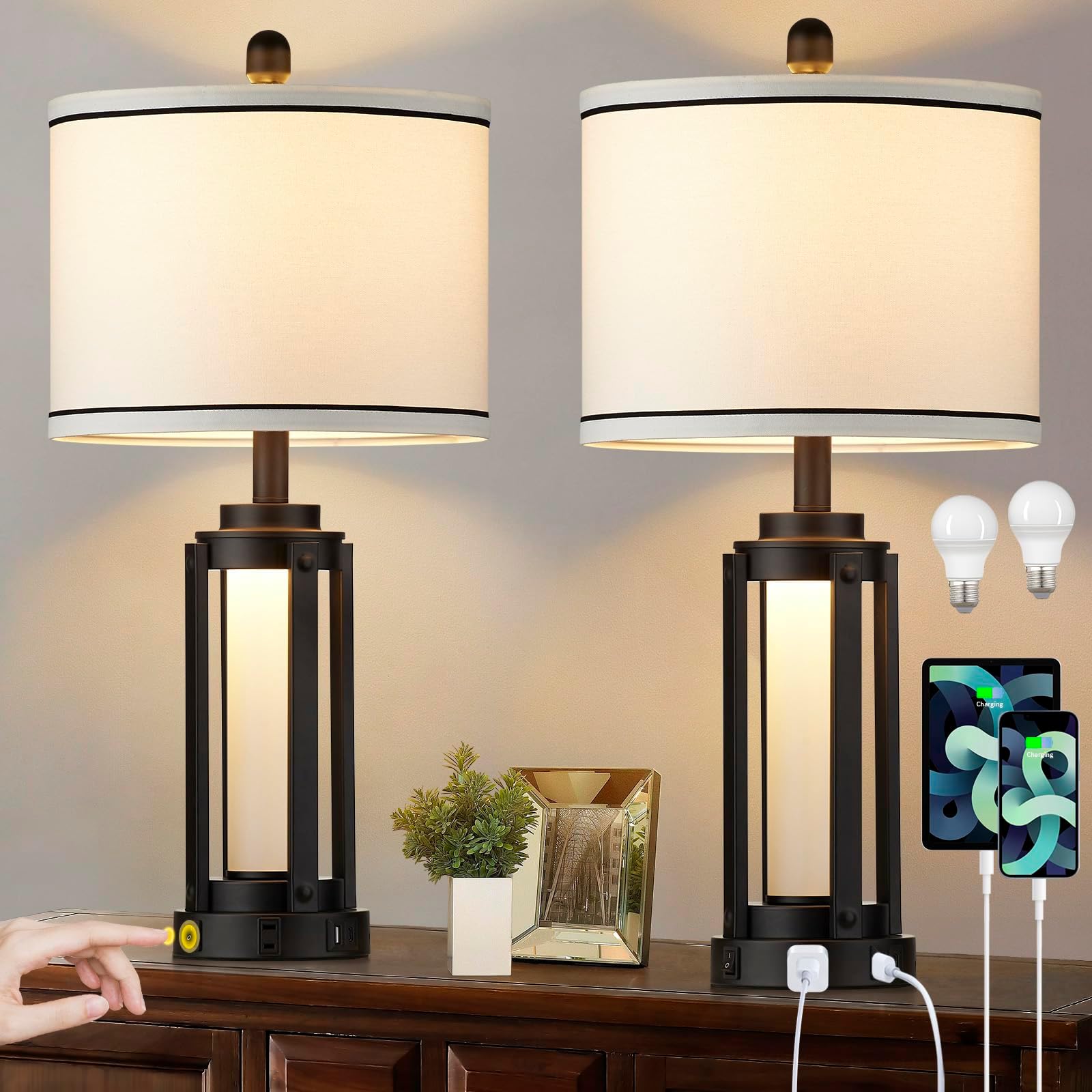 25" Modern Table Lamps Set of 2, Industrial Beside Lamps with USB A+C ...