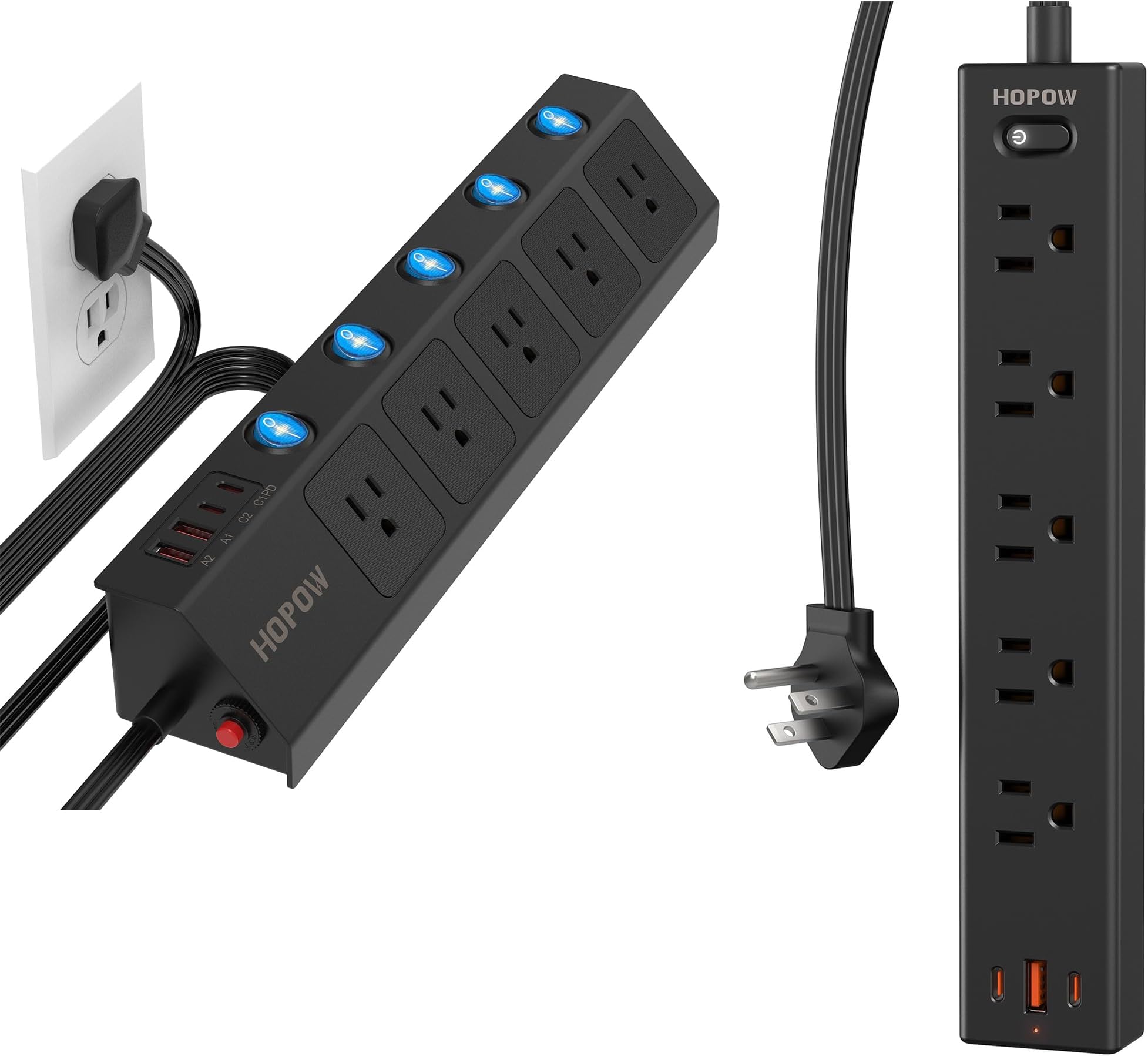 Amazon.com: HOPOW Flat Plug Power Strip, 6 &10 Ft Ultra Thin Flat ...