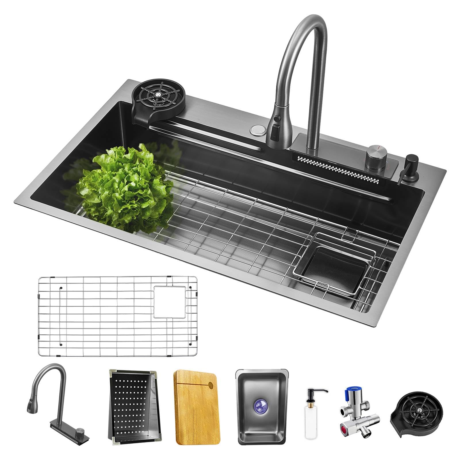 NOYHHAV Waterfall Kitchen sinks Black-Gray stainless steel Pull down ...