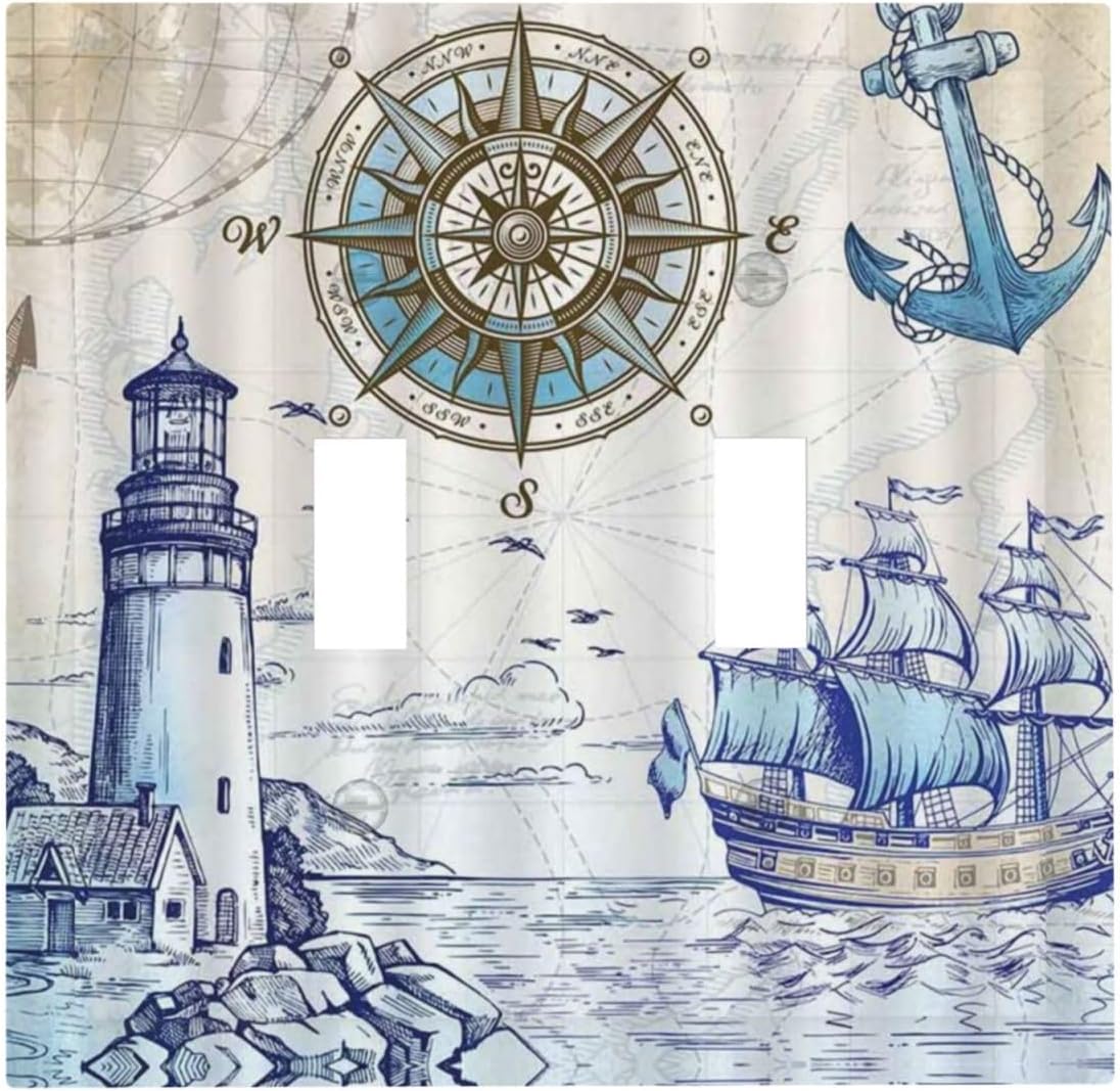 Nautical Sailboat Lighthouse Compass Anchor Map 2 Gang Double Toggle ...