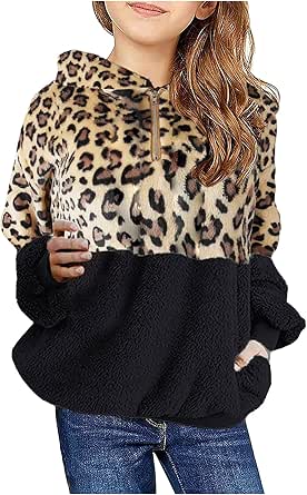 Amazon.com: Kids Girl's Fuzzy Hoodies Leopard Print Warm Loose 1/4 Zip ...