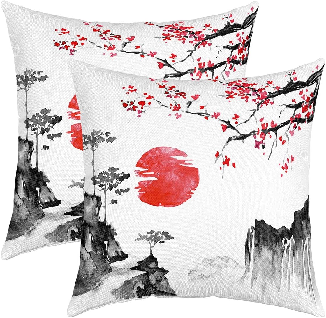 Japanese Ukiyoe Pillow Covers Cherry Blossoms Red Sun Sofa Cushion ...