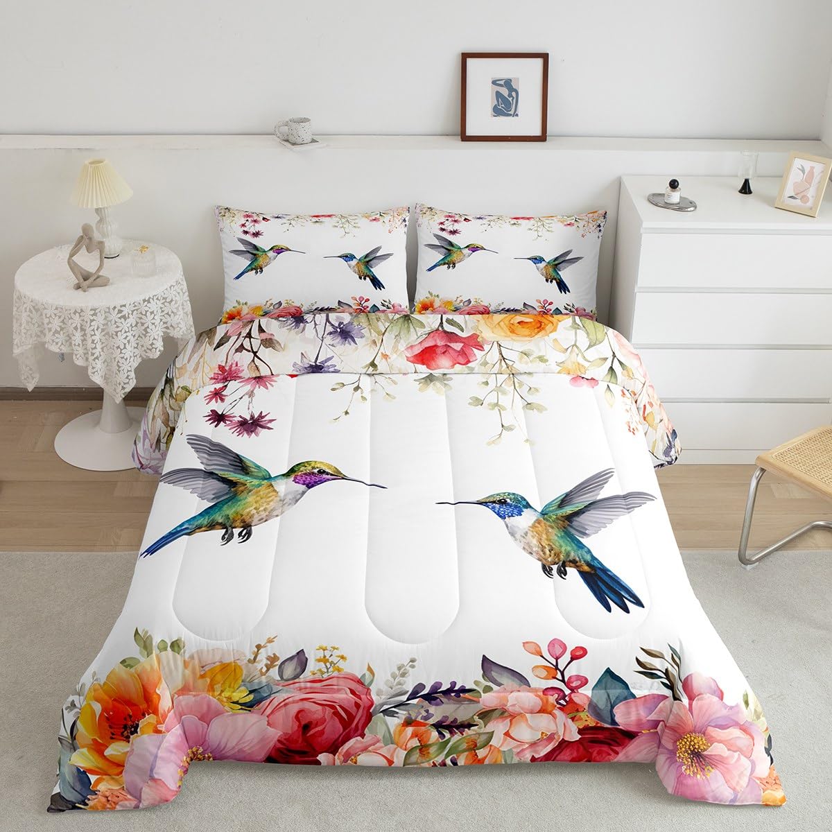Amazon.com: jejeloiu Hummingbird Comforter Set Full Size Tropical Birds ...