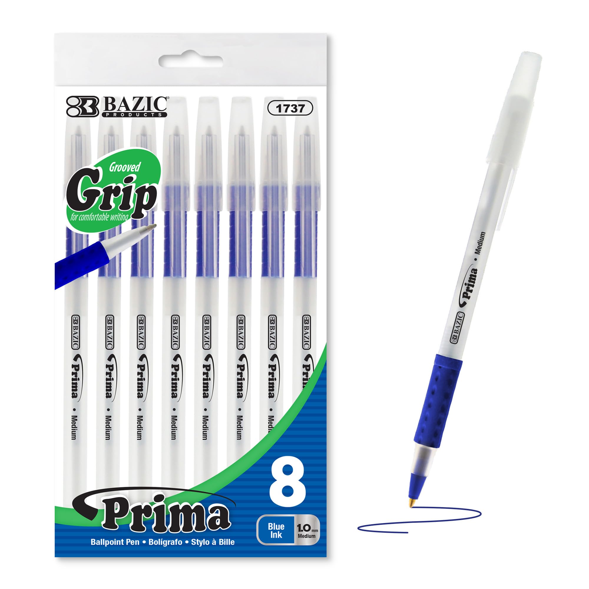 Amazon.com : BAZIC Ballpoint Pen Prima Blue Stick Pens, Soft Grip 1.0 ...