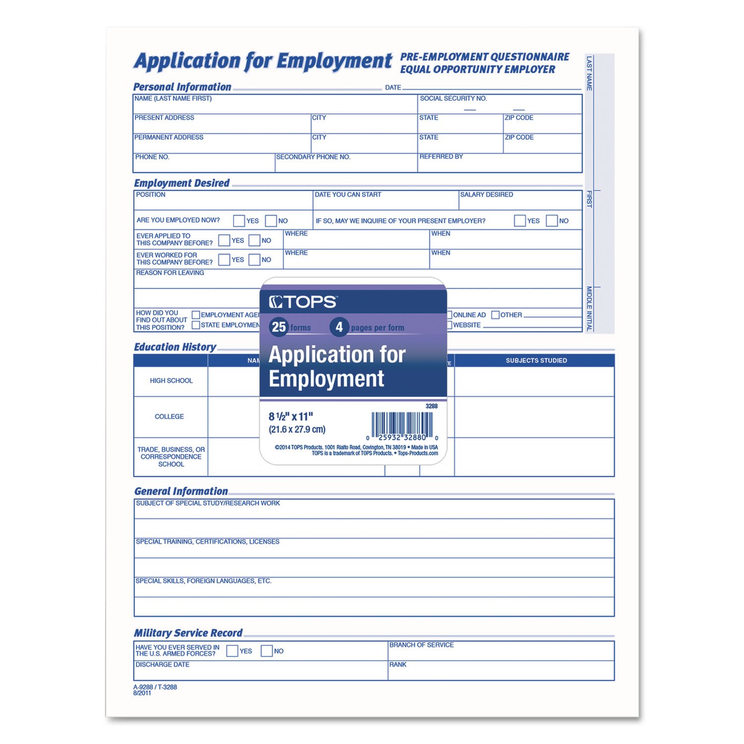 Snapklik.com : TOPS 3288 Comprehensive Employee Application Form, 8 1/2 ...