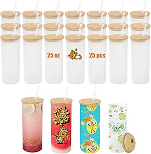 Amazon.com | 25 Pack 25oz Sublimation Frosted Glass Cups with Bamboo Lid and Plastic Straw ...
