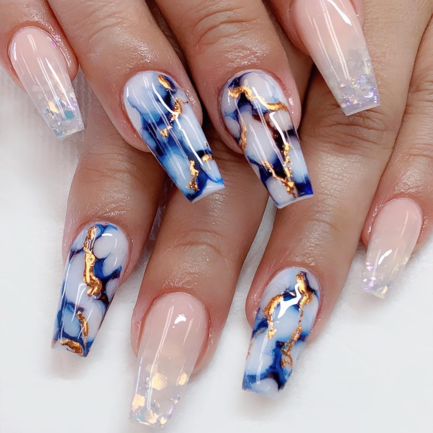 Amazon.com: Long Press on Nails Coffin Fake Nails Marbling Designs ...