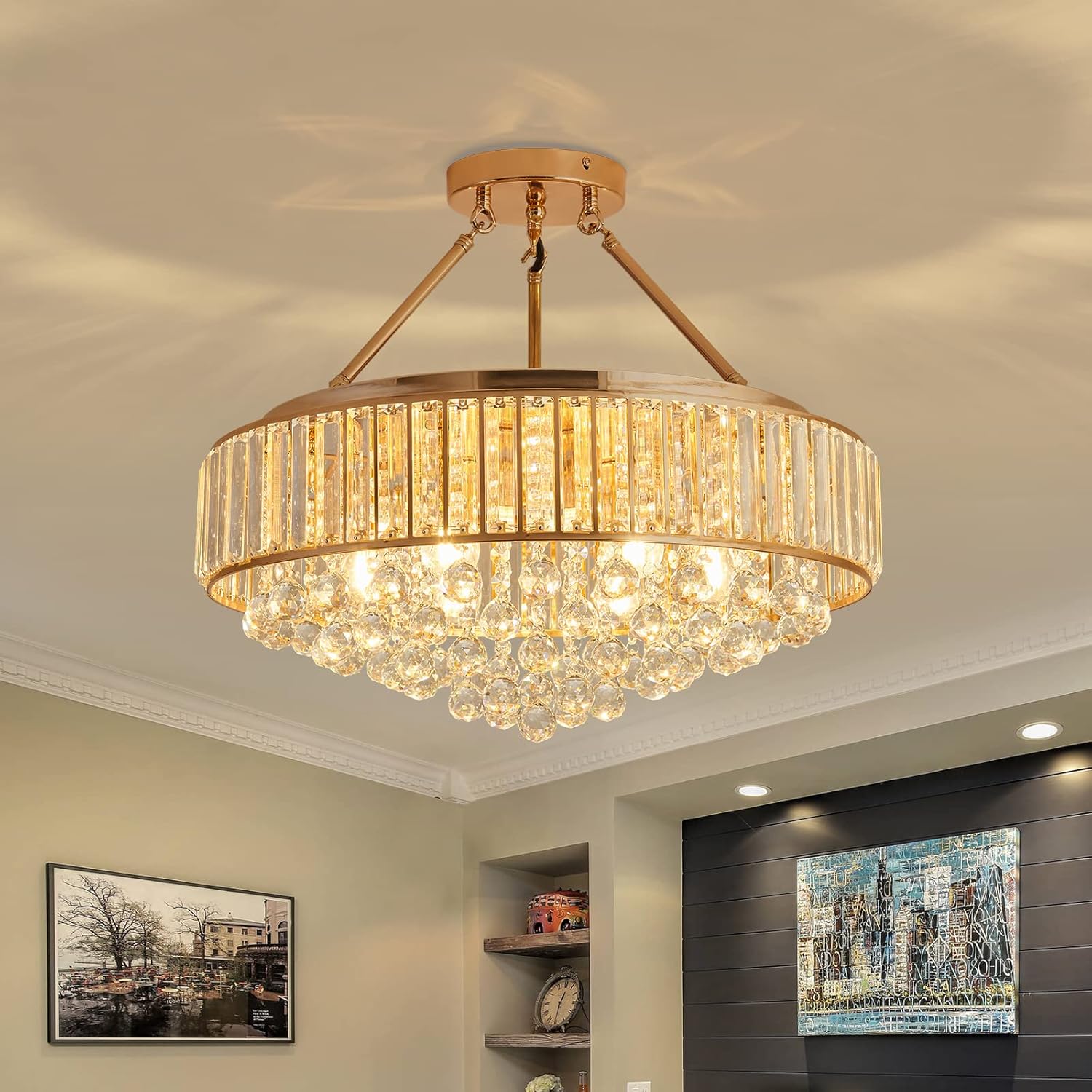 YYJLX 6-Light Modern Large Crystal Chandelier Rose Gold Metal E26 Semi ...