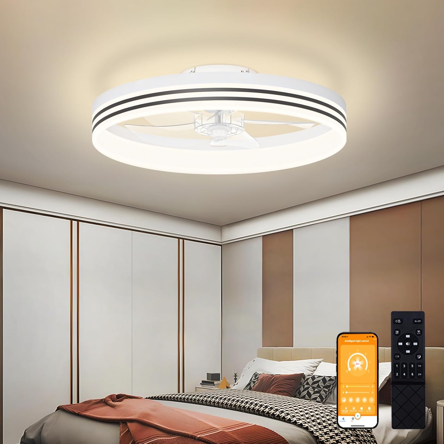 Bridika Flush Ceiling Fan with Light,19.7"" Modern Low Profile ...