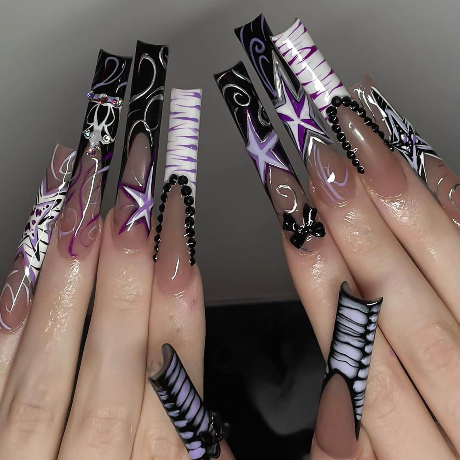 Amazon.com: RUOKEXIN Extra Long Press on Nails Black French Tip Fake ...