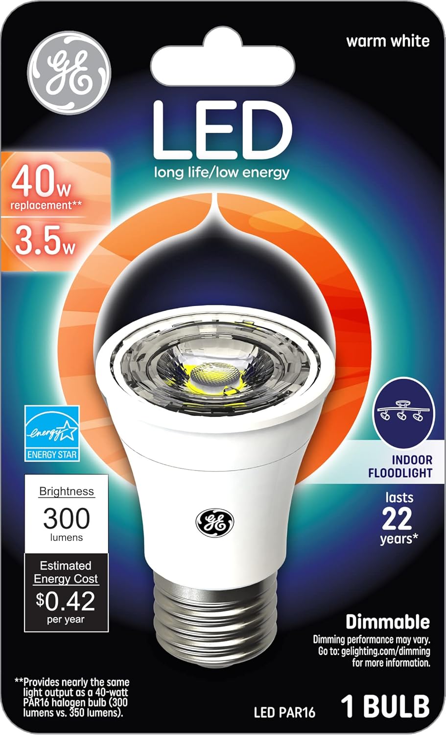 GE Dimmable LED Light Bulb, PAR16 Indoor Floodlight, 3.7-Watt (40-Watt ...
