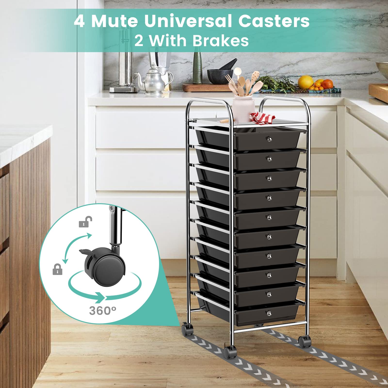 Removable Drawer Storage Trolley Rainbow COSTWAY 10-Drawer Rolling ...