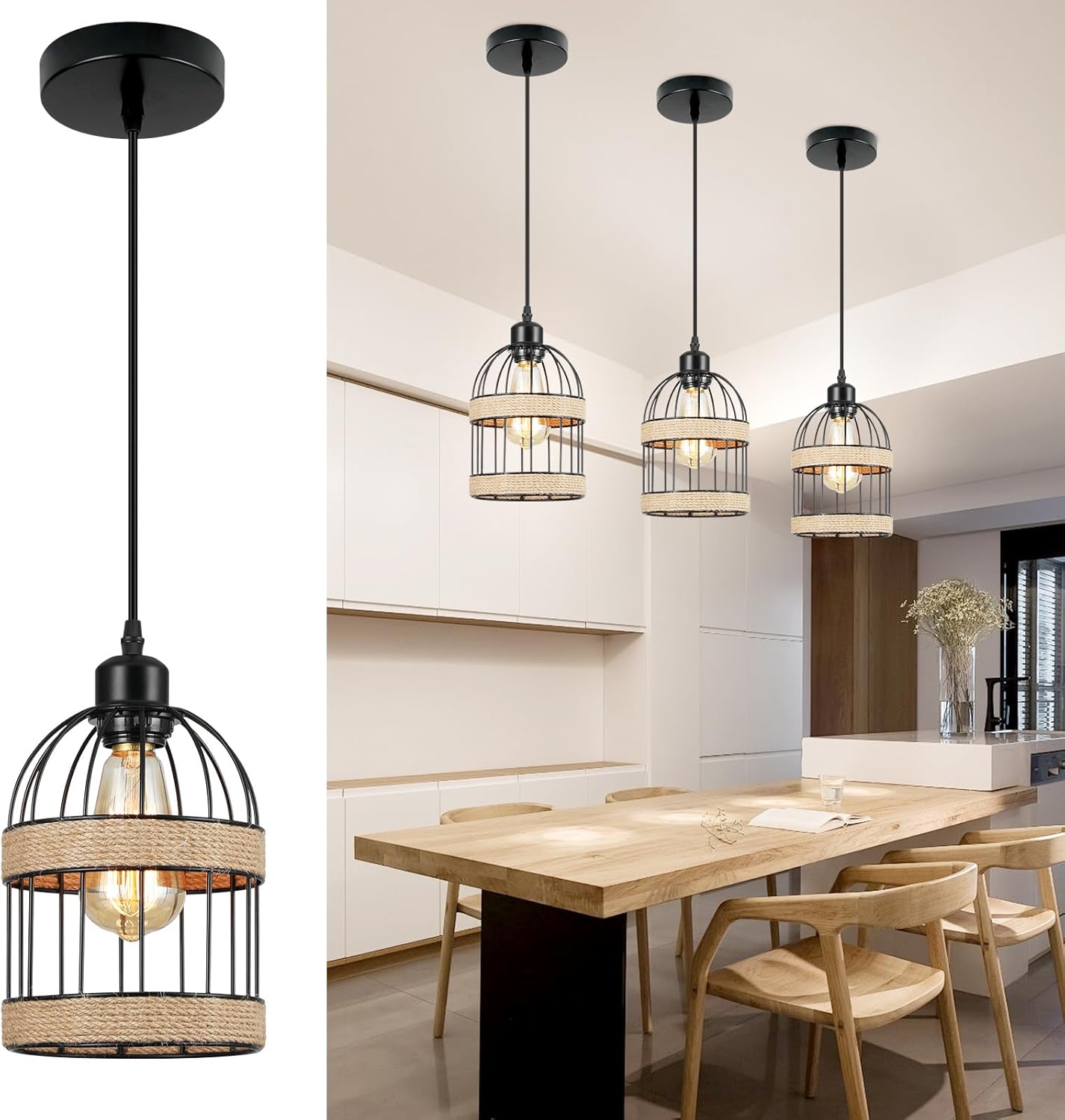 Senyshilon Rattan Pendant Lights Kitchen Island, 1-Lighting Boho Dining ...