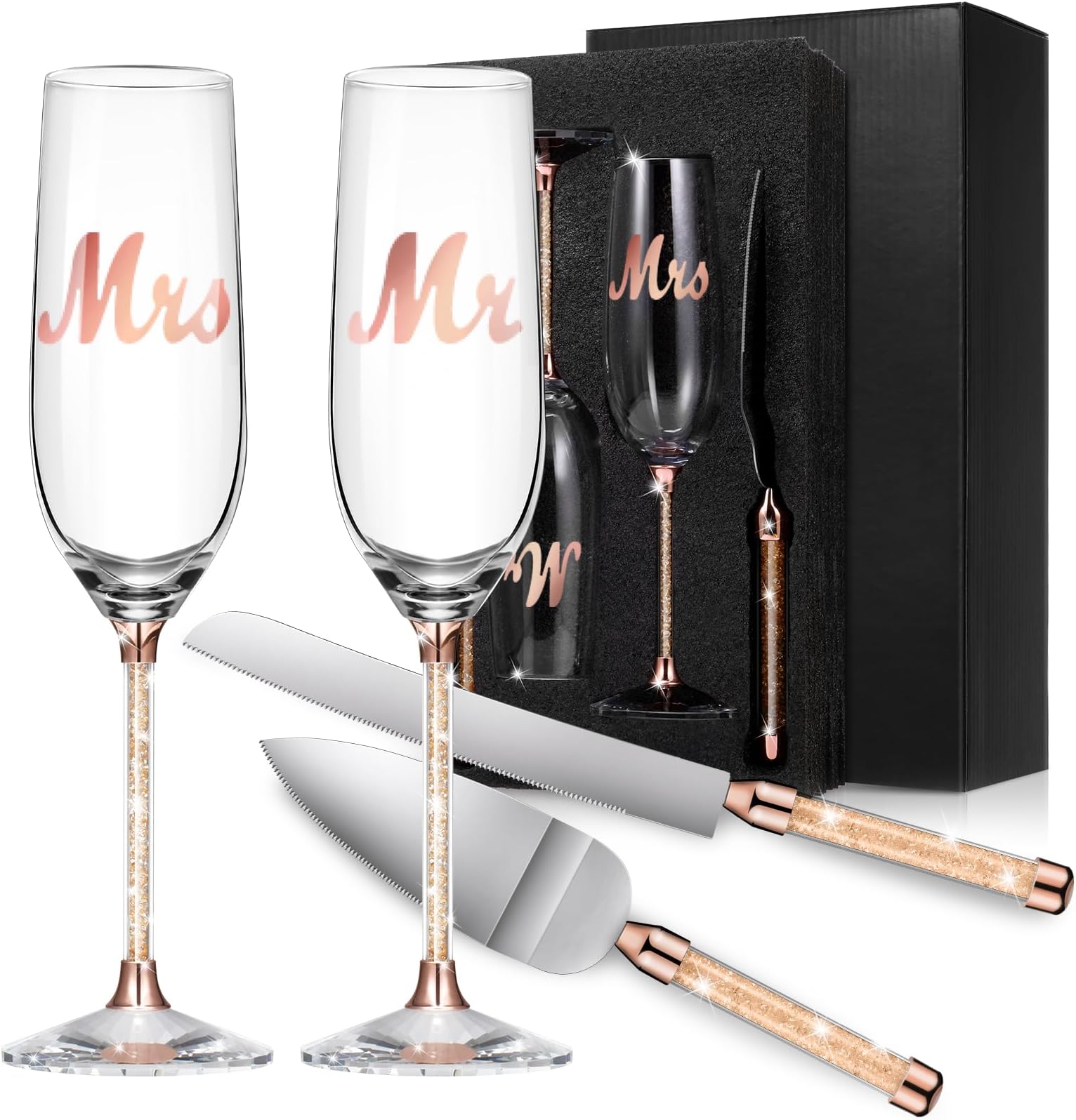 Amazon.com | Merkaunis Wedding Toasting Flutes and Cake Server Set of 4 ...