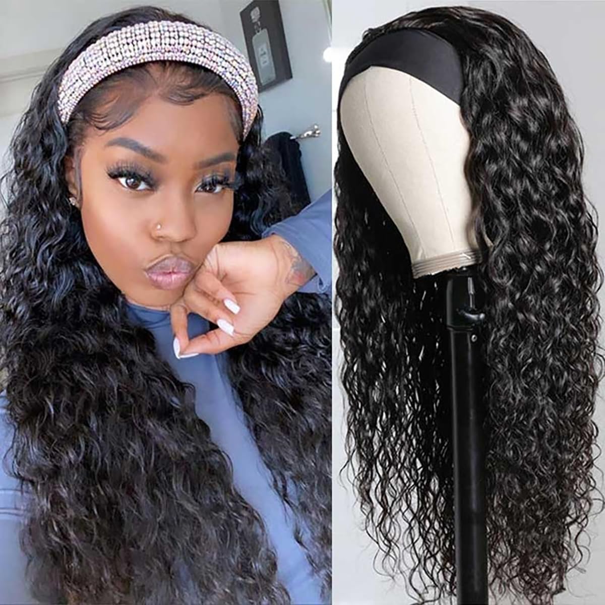Amazon.com : Headband Wig Deep Wave Human Hair Wigs Virgin Hair Wigs ...