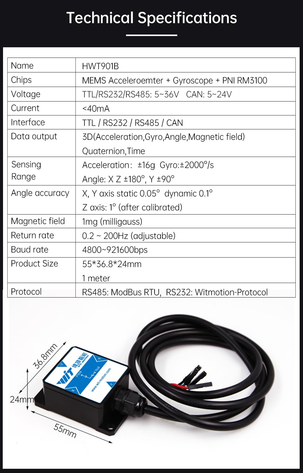 MPU9250 Accelerometer Gyroscope Magnetometer WitMotion HWT901B-RS485 9 ...