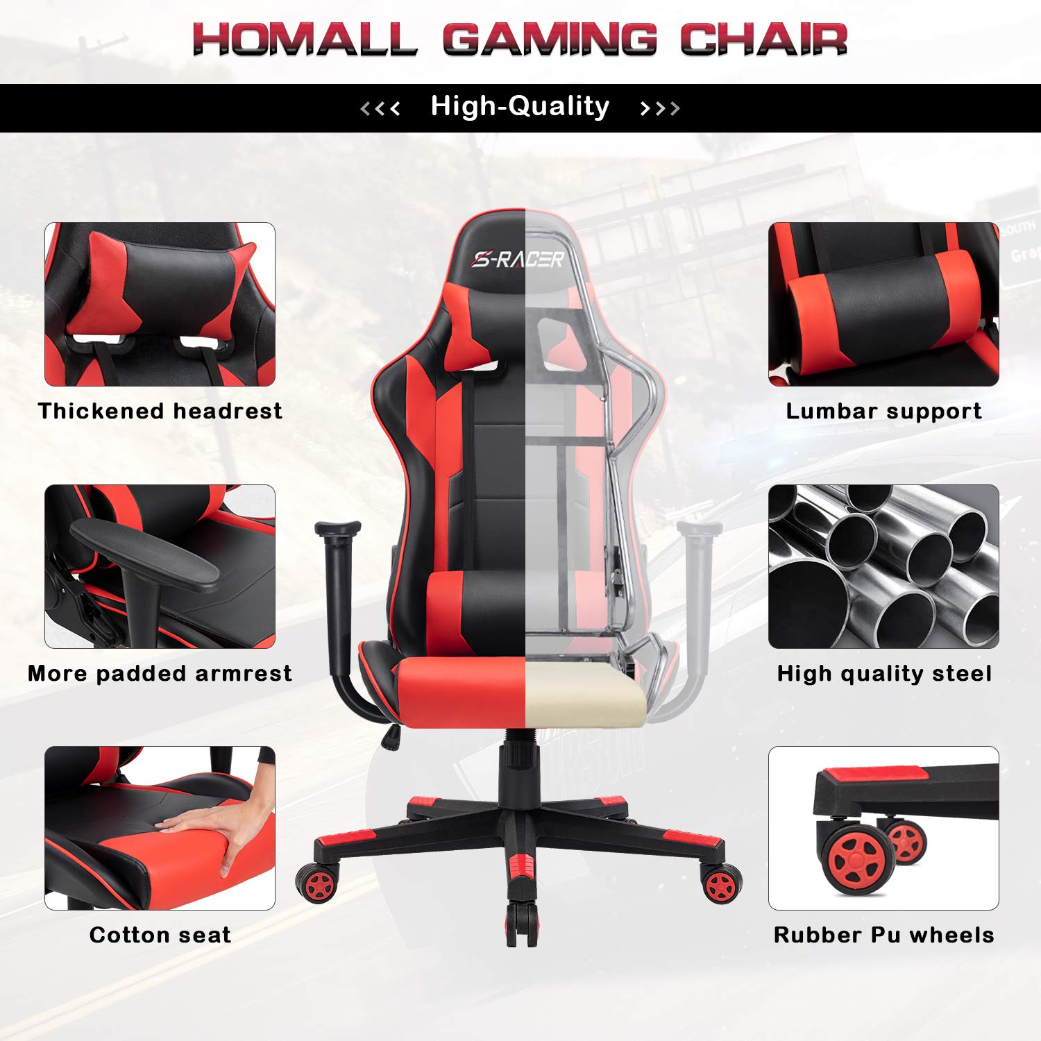 Homall Gaming Chair Office Desk Chair Swivel Racing Computer Chair Pc ...