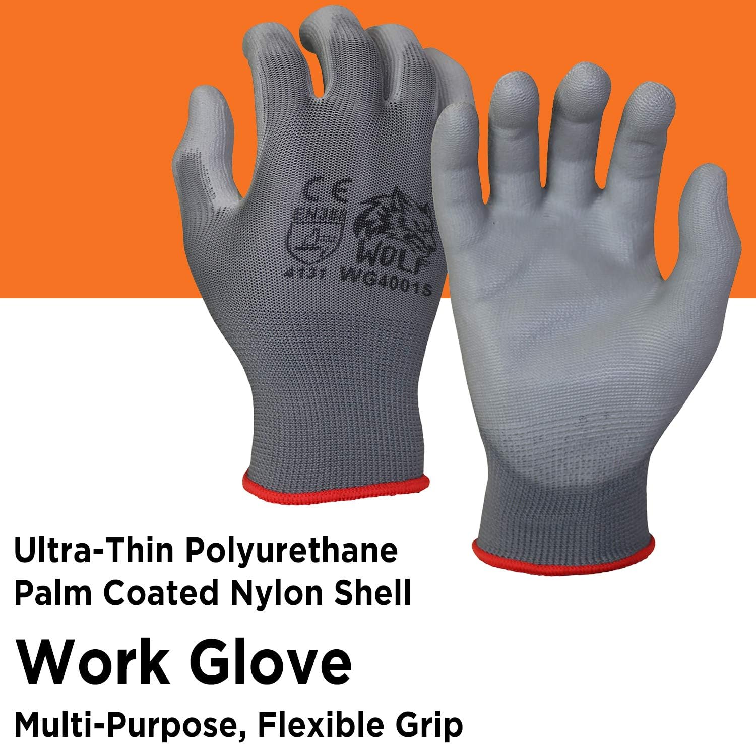 WOLF Polyurethane Palm Coated Nylon Shell Work Gloves, Construction ...