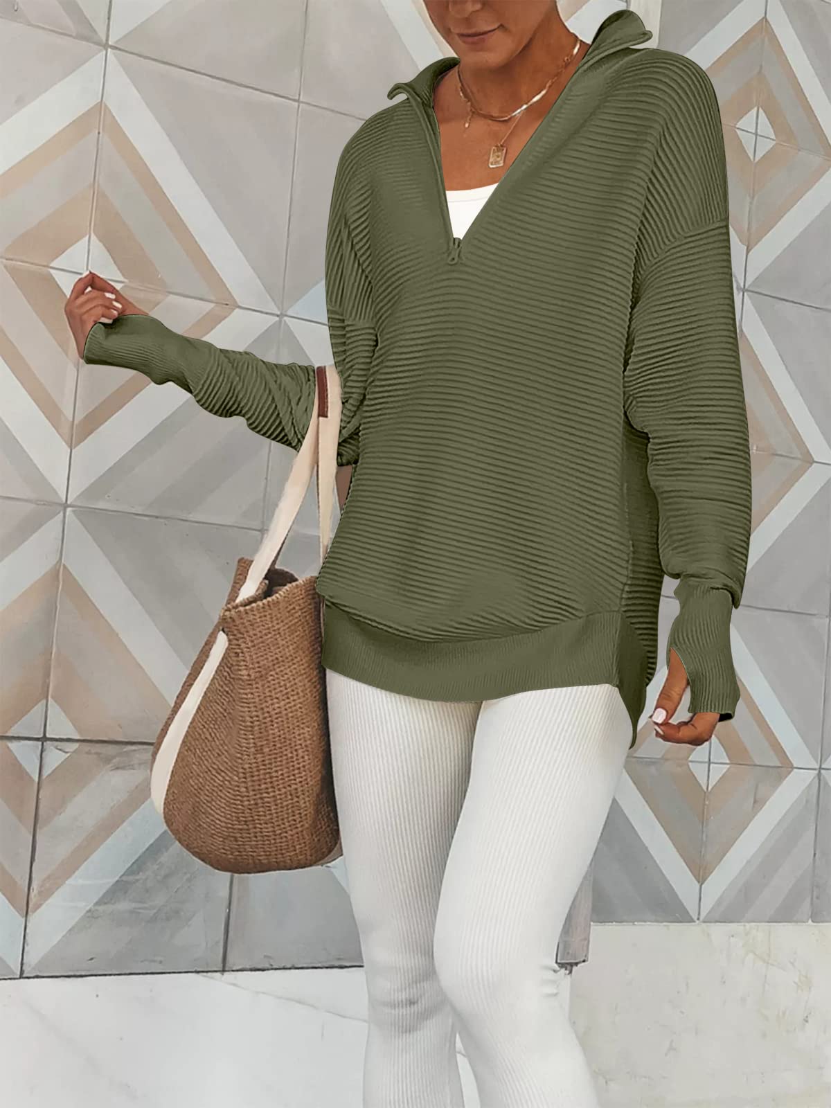 ANRABESS Women’s Long Sleeve Half Zip V Neck Collared Casual Oversized ...