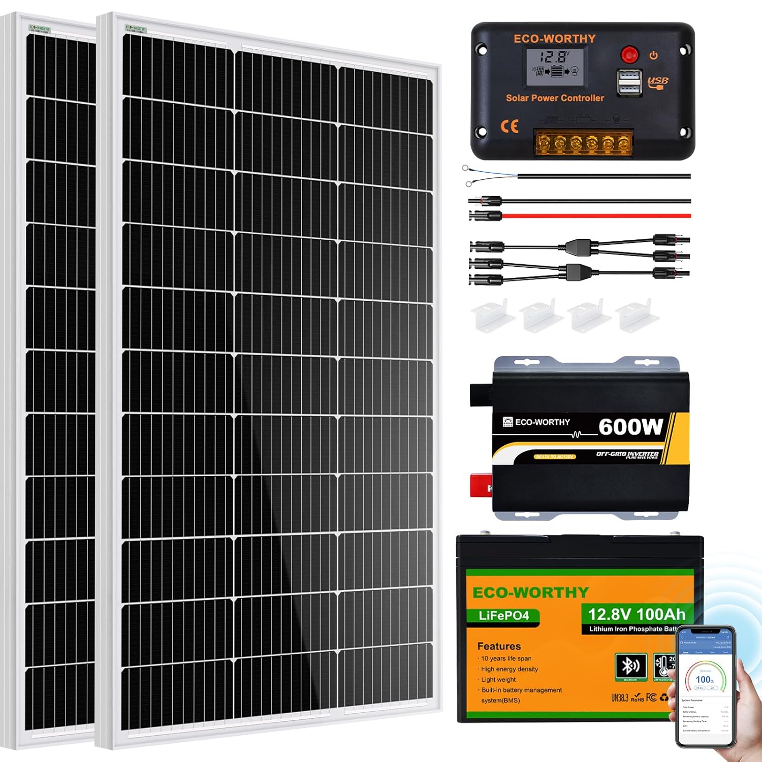 ECO-WORTHY Kit completo de inicio de panel solar de 200 vatios y 12 ...