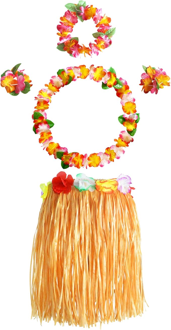 KEYIDO® Hawaiian Leis Hula Grass Skirt Set, Includes 40 cm Hawaiian ...