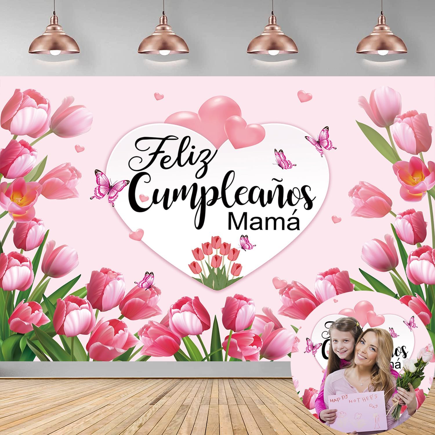 Amazon.com : Feliz Cumpleanos Mama Backdrop Mexico Happy Mother's Day Pink Flowers Background ...
