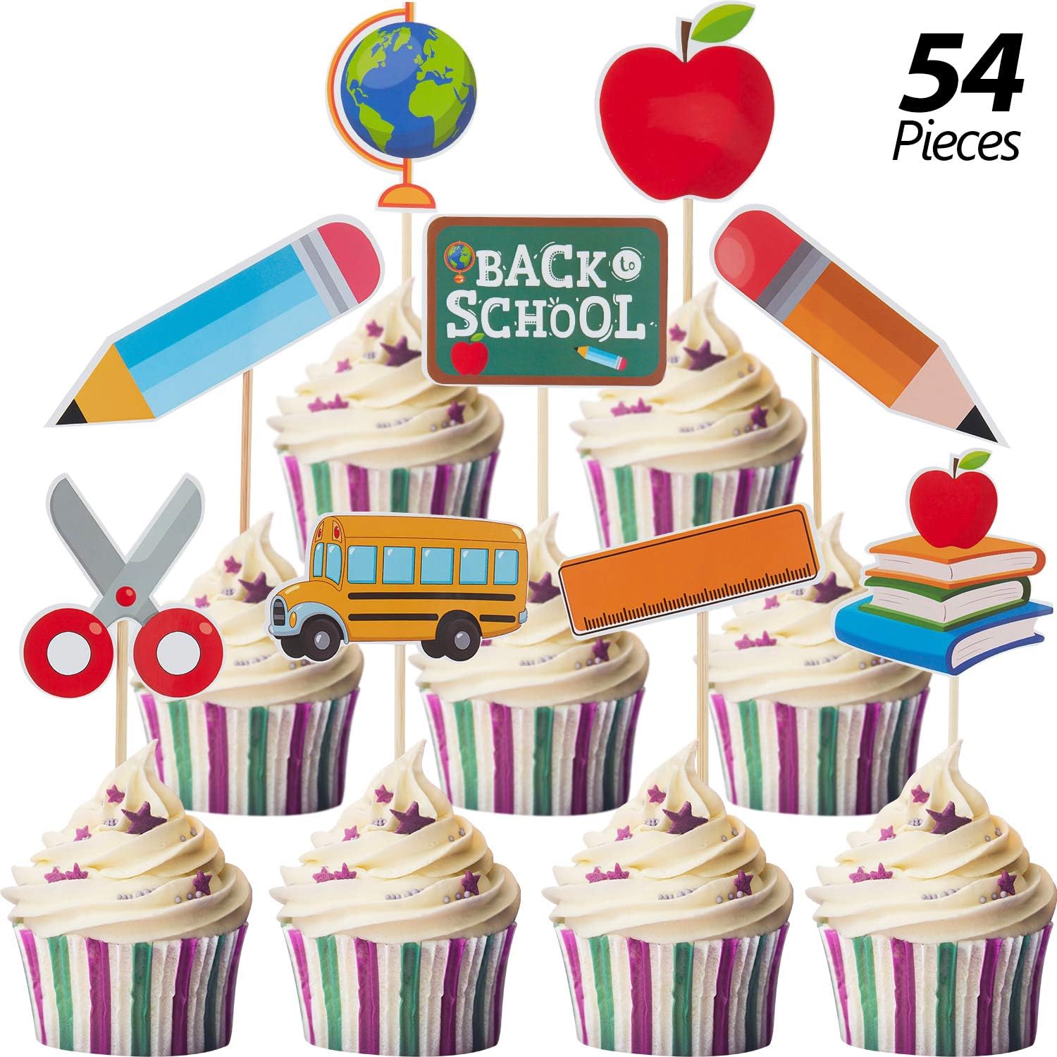 Amazon.com: 54 Pieces Back to School Cupcake Toppers First Day of ...