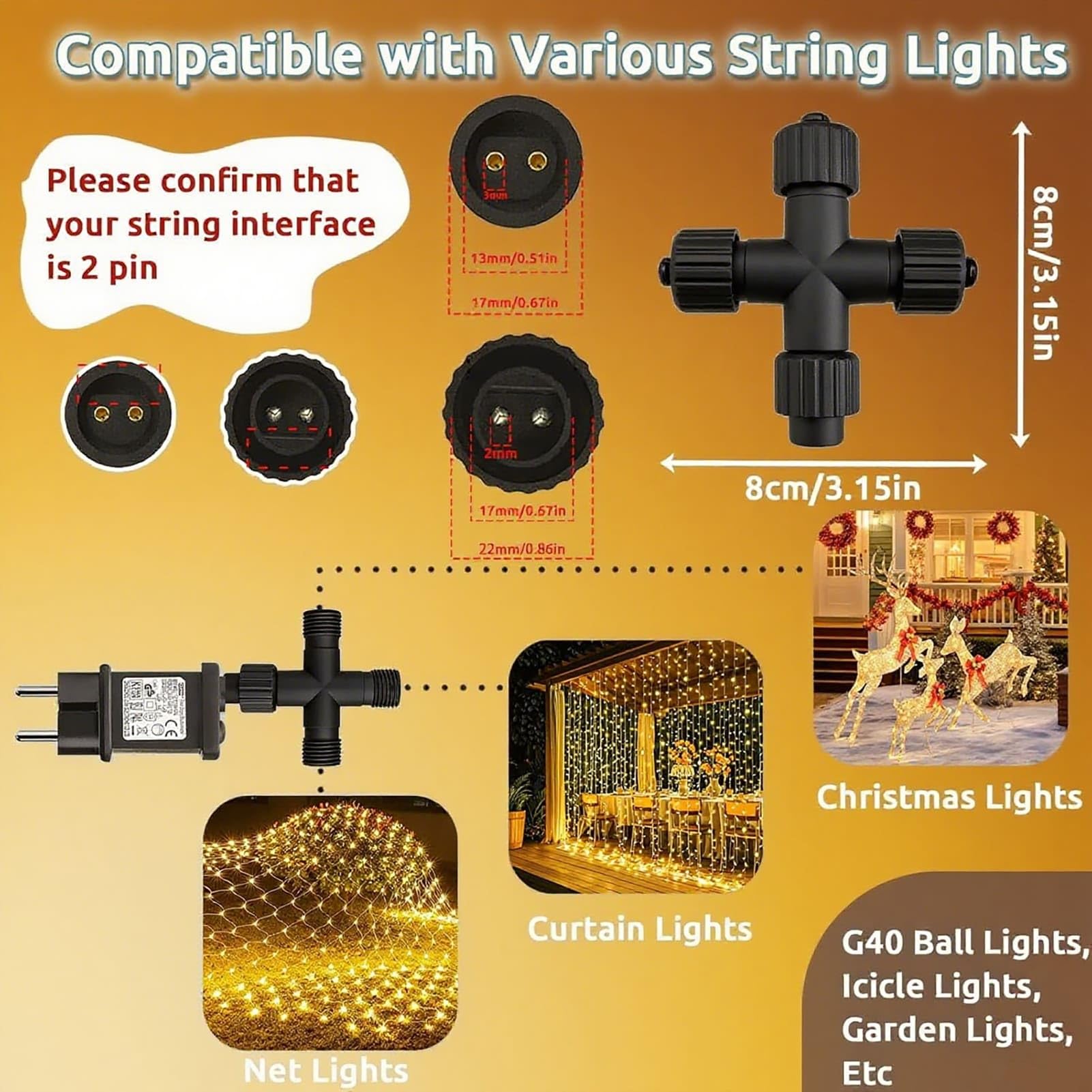 yowin 2 Pieces Splitter Connector for Fairy Lights, 2 Pin Christmas ...