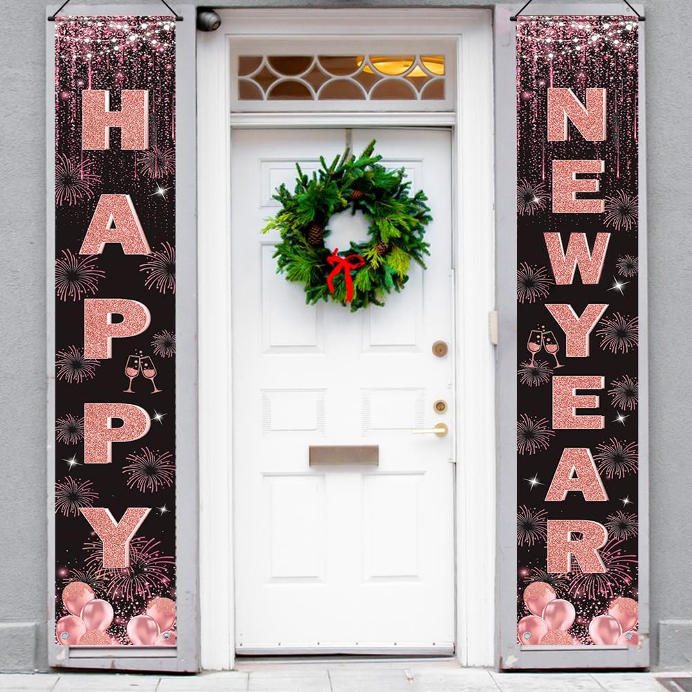 Amazon.com: 3PCS Happy New Years Banner,New Years Decorations 2025 Rose ...