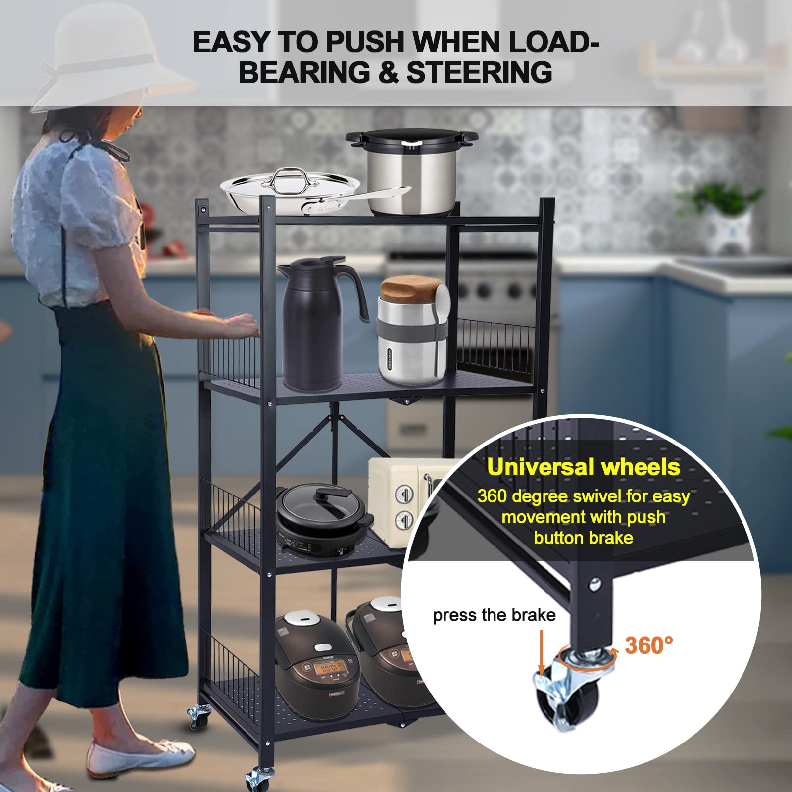 4-Tier Foldable Storage Shelving Kitchen Storage Shelves Wth Wheels ...