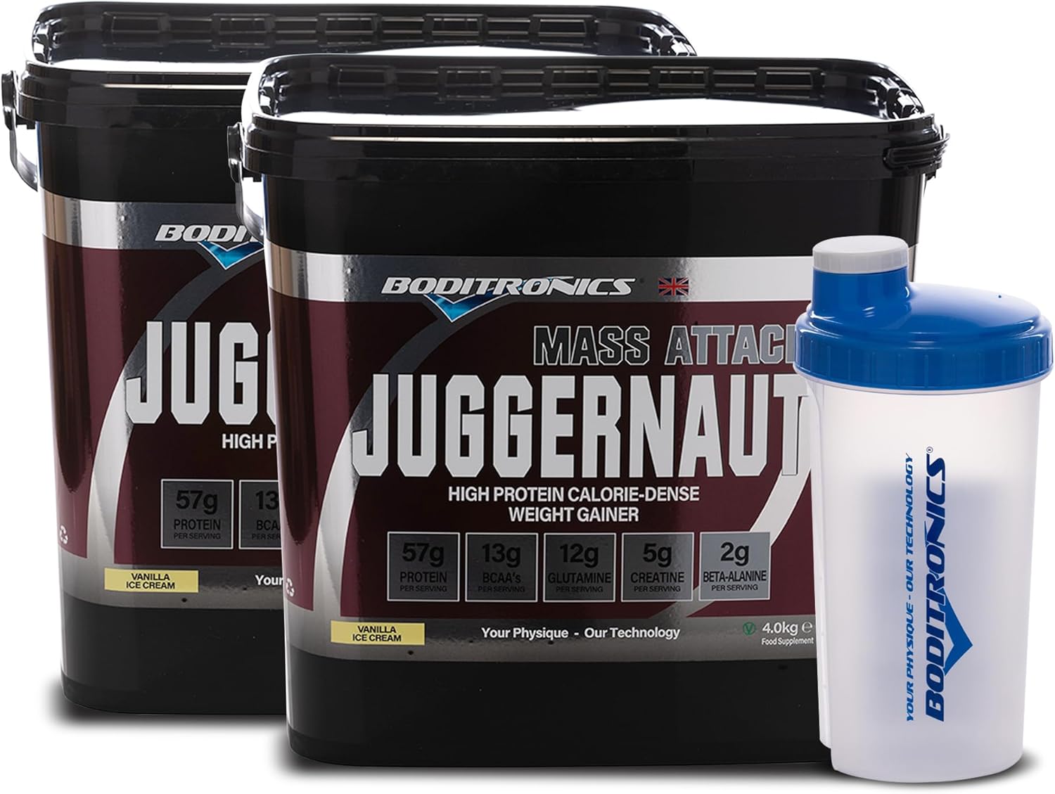 Boditronics Mass Attack Juggernaut Powder with FREE Shaker Weight Gainer Powder, All In One ...