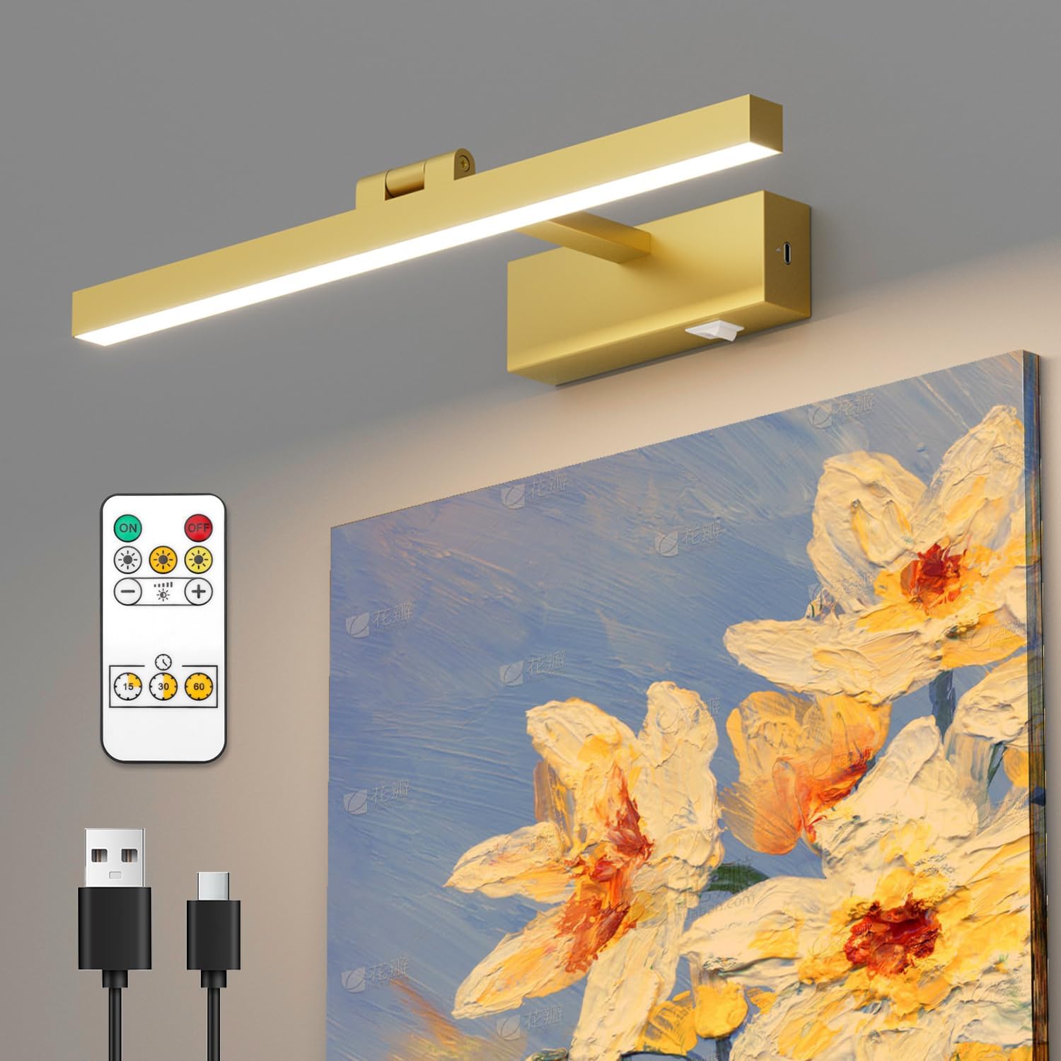 Coinmit Gold Battery Operated Picture Light for Paintings with Remote ...