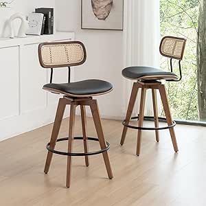 Amazon.com: YOUUGIOR 26" Rattan Bar Stools Set of 2, Faux Leather Counter Height Swivel ...